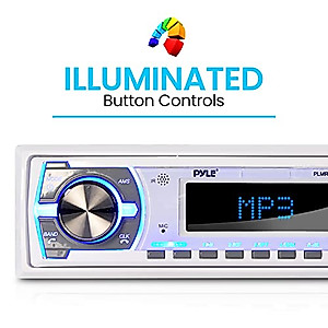 PyleUsa 10-Inch Low-Profile Amplified Subwoofer System & Marine Bluetooth Stereo Radio - 12v Single DIN Style Boat in Dash Radio Receiver System (White)