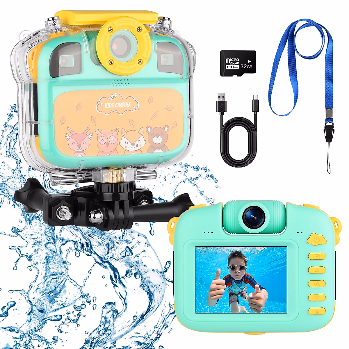 1080P Kids Camera, Underwater kids Waterproof Camera Kids Digital Camera Gifts for Boys Girls Age 3-13 HD Mini Children Camcorder 2.4 Inch IPS Screen with 32GB Card and Soft Silicone Case
