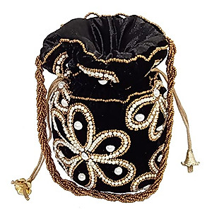 Purpledip Chenille Potli Bag (Clutch, Drawstring Purse): Intricate Bead Work Satchel Handbag, Black (12396A) 