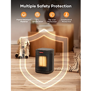 500W PTC Small Ceramic Electric Heater, Portable Electric Space Heater with One-Click, Fast Safety Heating, Overheating and Tip-Over Protection, Mini Space Heater for Indoor Use Office Bedroom