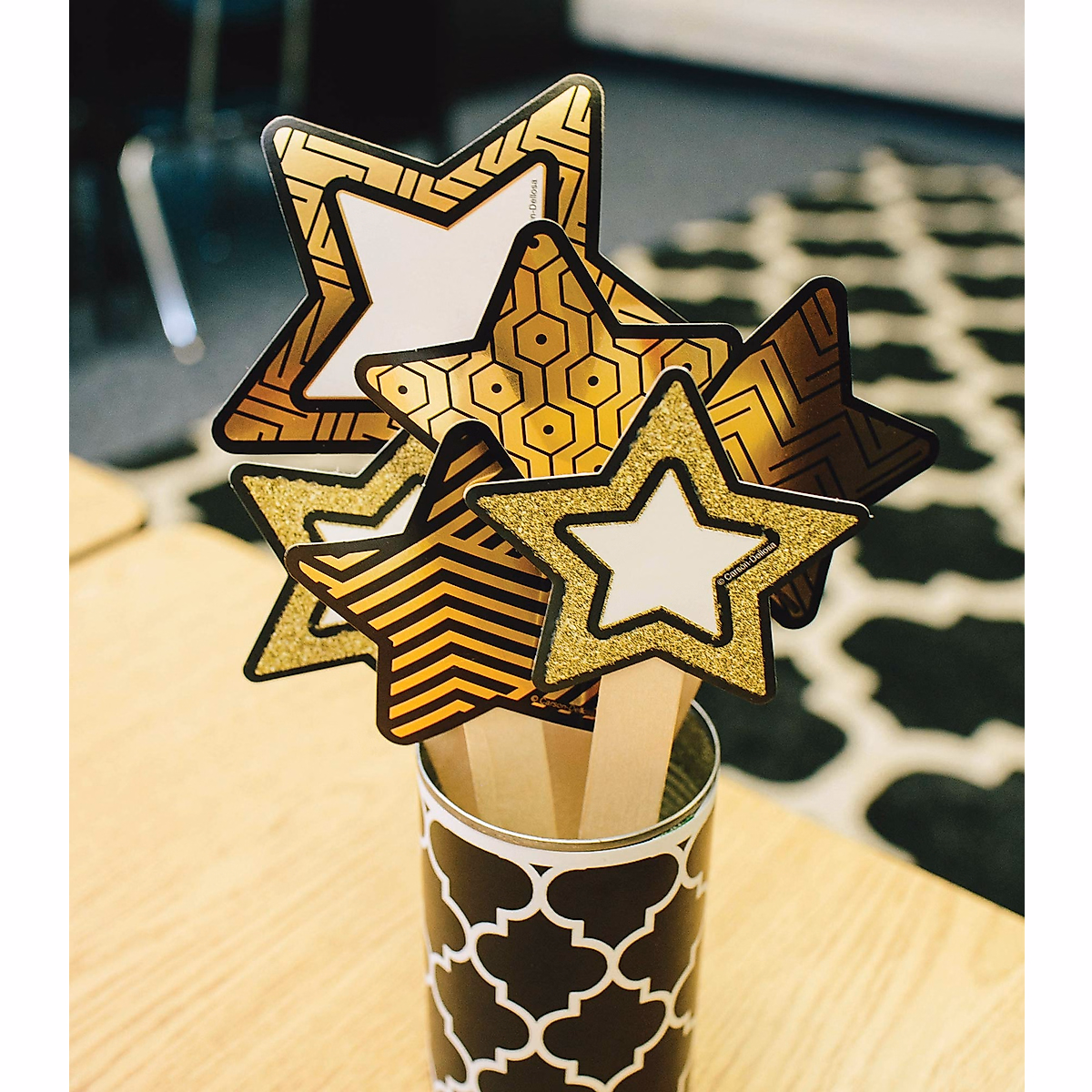 Carson Dellosa Stars Cutouts, 36 Black & Gold Star Cutouts for Bulletin Board and Classroom Décor, Space Décor and Galaxy Décor Classroom Cut-Outs, Black and Gold Star Décor