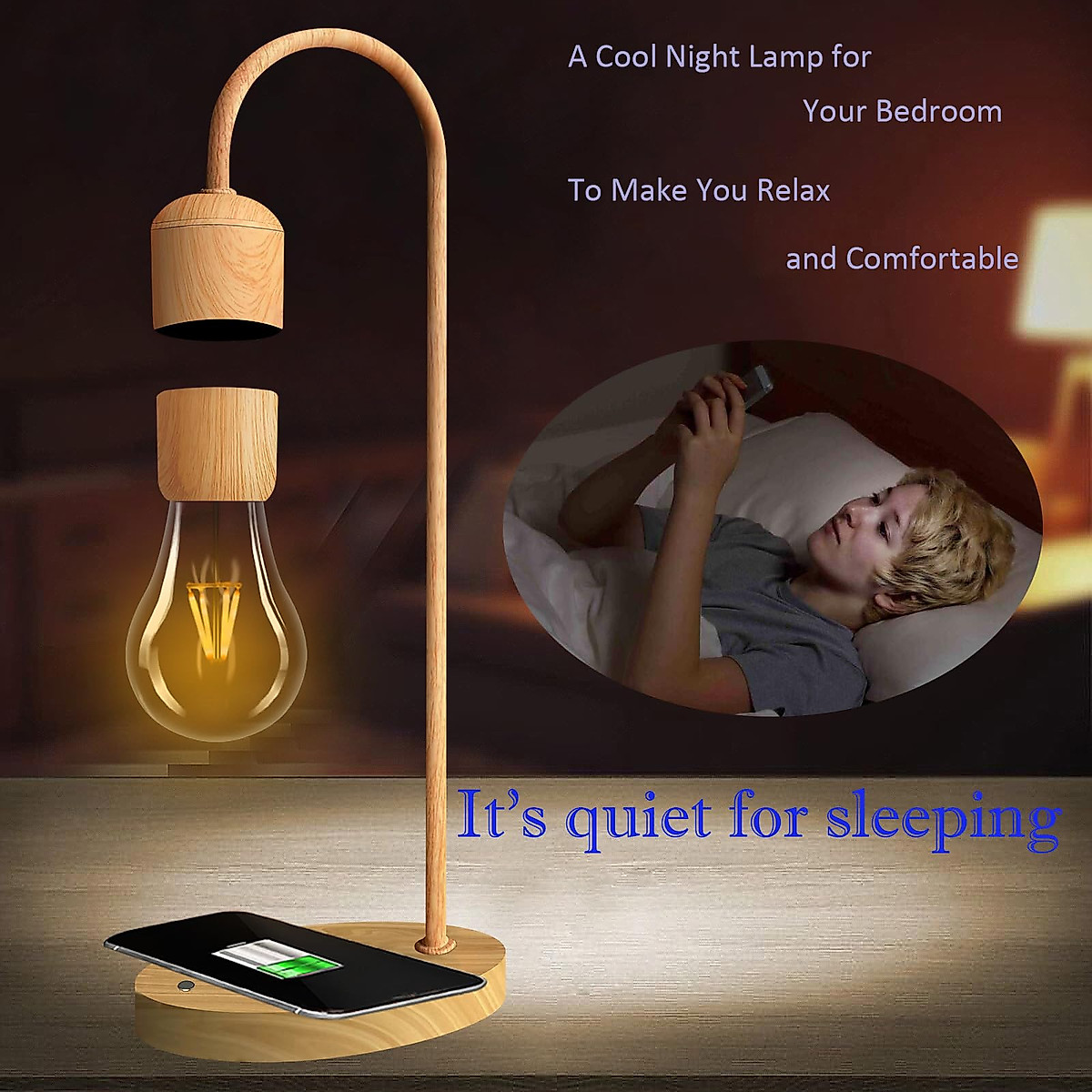 Floatidea Magnetic Levitating Lamp with Wireless Phone Charging Pad Floating Light Bulb LED Night Light Wood Grain Table Lamp Levitation Desk Lamp for Office Home Decoration Christmas Gift