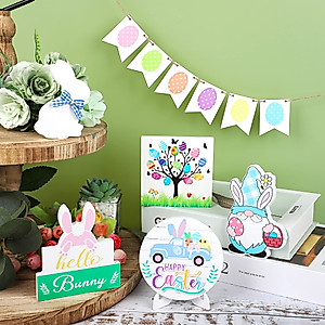 11 PCS Easter Tiered Tray Decorations Bunny Eggs Wood Signs Easter Wooden Table Signs Easter Wood Block Decor with Holder for Spring Holiday Tabletop Centerpieces Home Party Supplies