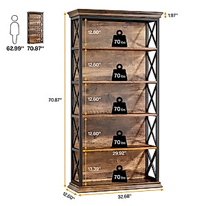 LITTLE TREE 6-Tier Bookcase, 71 Inches Industrial Bookshelves, Floor Standing Display Storage Shelves Tall Bookcase for Home Office, Living Room, Bed Room