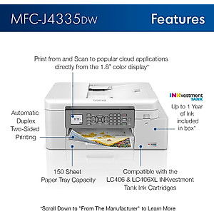 Brother MFC-J4335DW INKvestment Tank All-in-One Printer with Duplex and Wireless Printing Plus Up to 1-Year of Ink in-Box (Renewed)