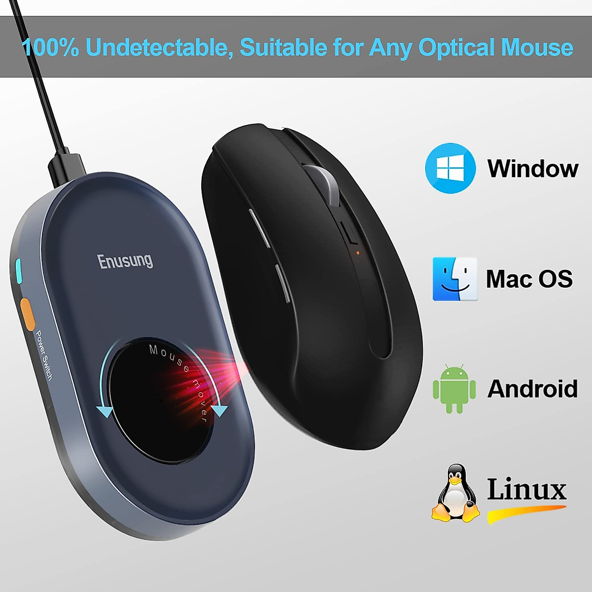 ENUSUNG Mouse Jiggler 100% Mechanical Mouse Mover with ON/Off Switch, Driver-Free USB Mouse Shaker, Undetectable Mouse Movement Simulator for Preventing PC/Computer/Laptop from Going to Sleep