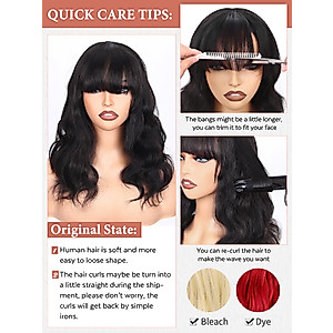 WIGNEE Natural Wave Wigs with Bangs 100% Brazilian Human Hair Fashion Wave Wigs Natural Black (14 Inch)