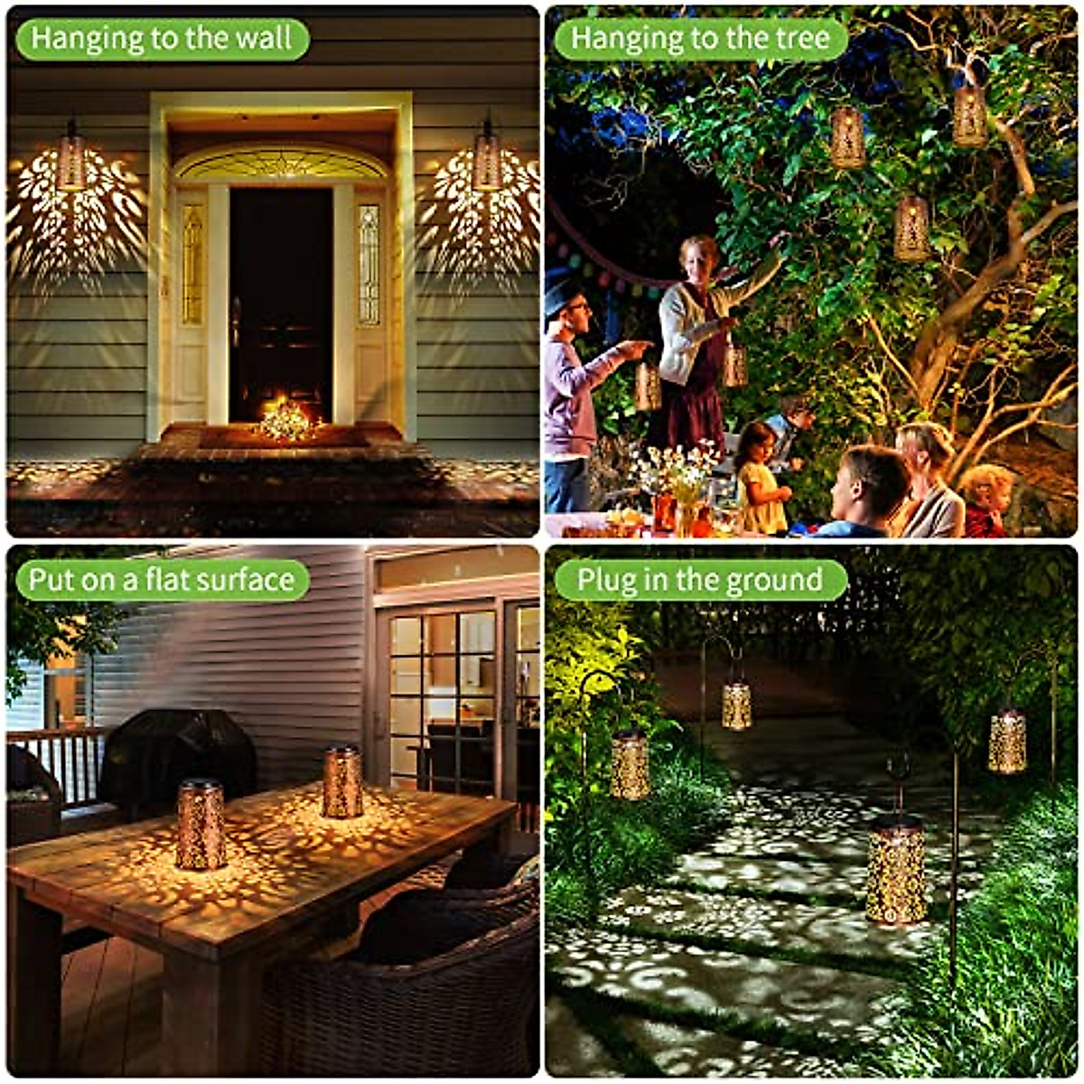 Solar Lanterns Outdoor Waterproof - 4 Pack Hanging Solar Lights Outdoor, Metal Lantern Decorative Solar Powered Patio Decor for Garden Yard Backyard Porch Table Tree Lighting, Cool/Warm Light