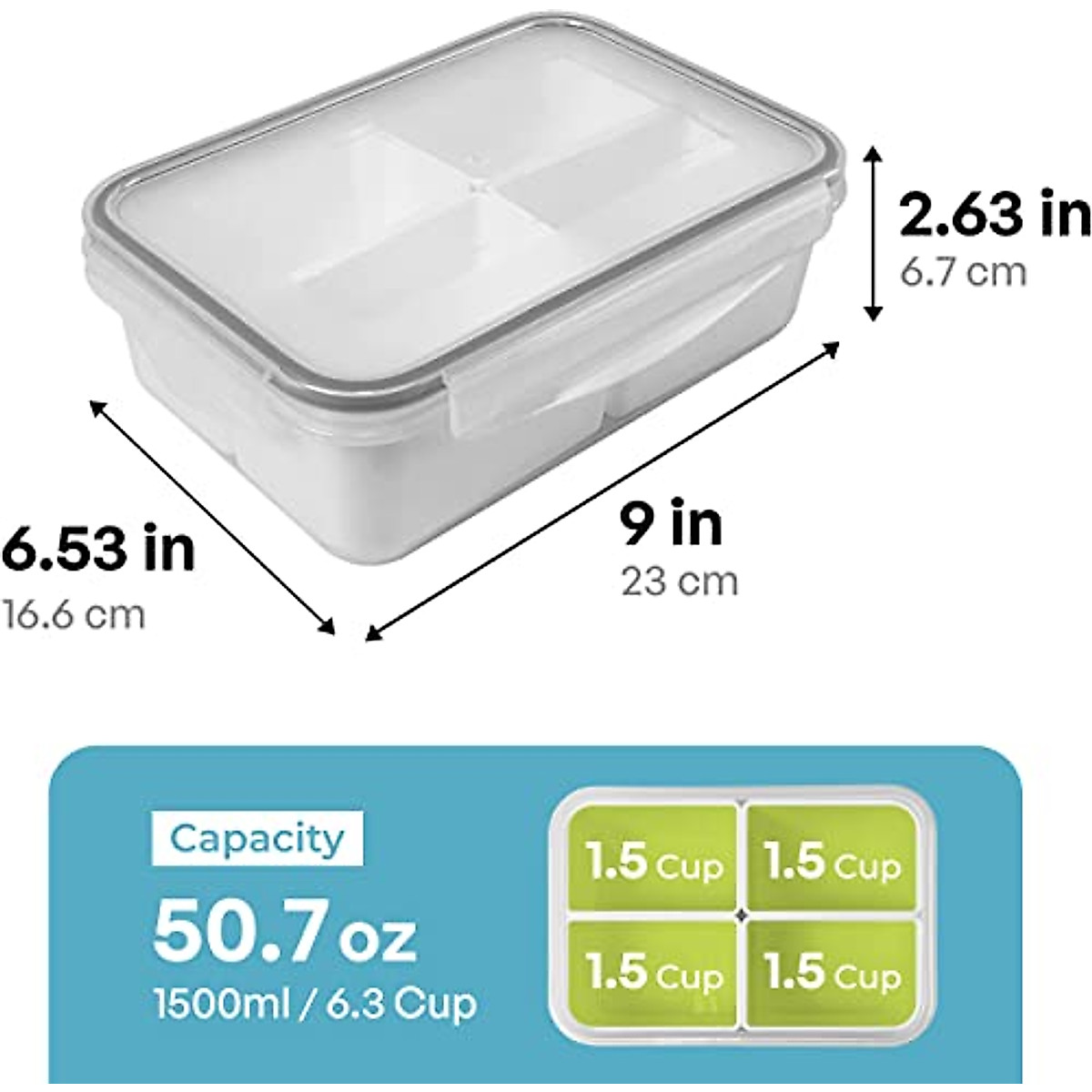 carrotez Food Storage Container with 4 Removable Compartments, Food Prep Container with Airtight Lids, Portion Control Container, Reusable, BPA Free, 6.3 Cup (1500ml)