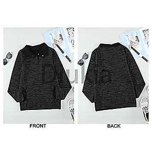 Diukia Womens Plus Size Loose Long Sleeve 1/4 Quarter Button V Neck Athletic Sweatshirts Fall Winter Lightweight Solid Color Stand Collar Pocket Sweatshirts Pullover Tops for Ladies Black 2XL 18-20