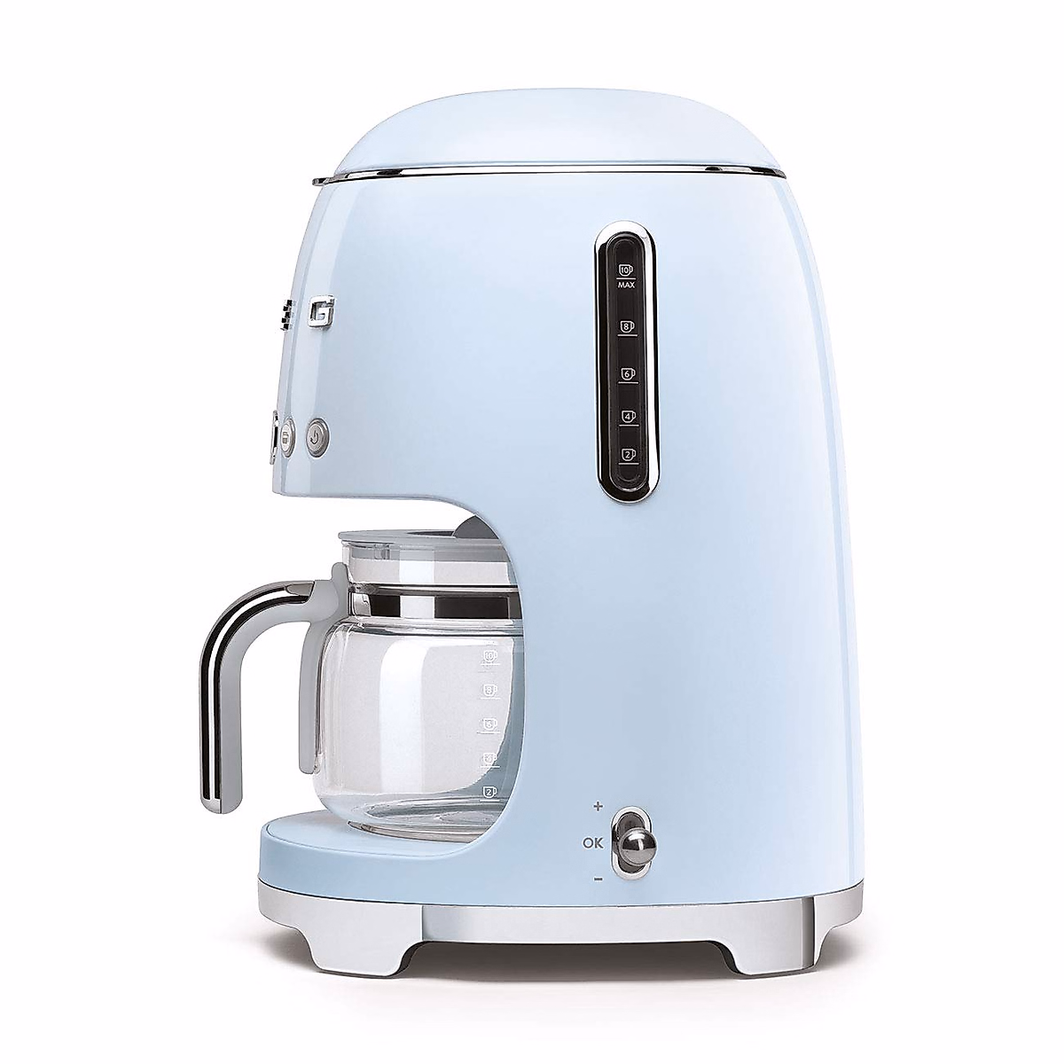 Smeg 50's Retro Style Aesthetic Drip Coffee Machine with 10 Cup Glass Carafe, Auto Start Feature, Keep Warm Plate, and Two Coffee Strength Settings (Pastel Blue)