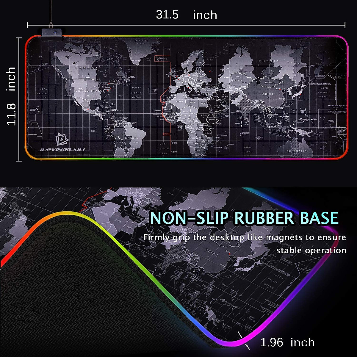 JYZZ RGB Gaming Mouse Pad - Large Led Keyboard Pad, Mouse Mat with HD Map, Smoothly Waterproof Surface, Non-Slip Rubber Base, 31.5"" X 11.8"" & 14 Light Modes