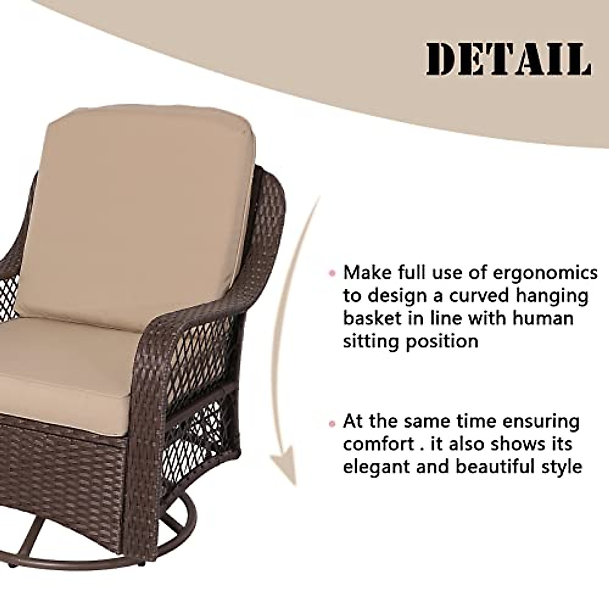 LEISU 3-Pieces Patio Swivel Wicker Bistro Furniture Set with Cushioned Patio Swivel Rocker Swivel Rocking Chairs Set Side Table Outdoor Rattan Conversation Sets (Beige)