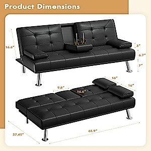 YESHOMY Convertible Folding Futon Sofa Bed Sleeper Couch for Living Room Faux Leather Upholstered Loveseat w/Removable Armrests, Metal Legs, 2 Cup Holders, Dark Black