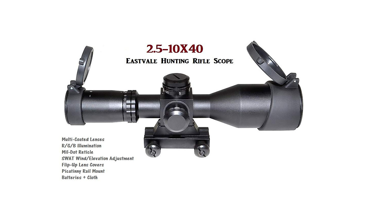 Eastvale 2.5-10X40 Compact Rifle Scope with Illuminated Red, Green, Blue Mil-Dot Reticle ...