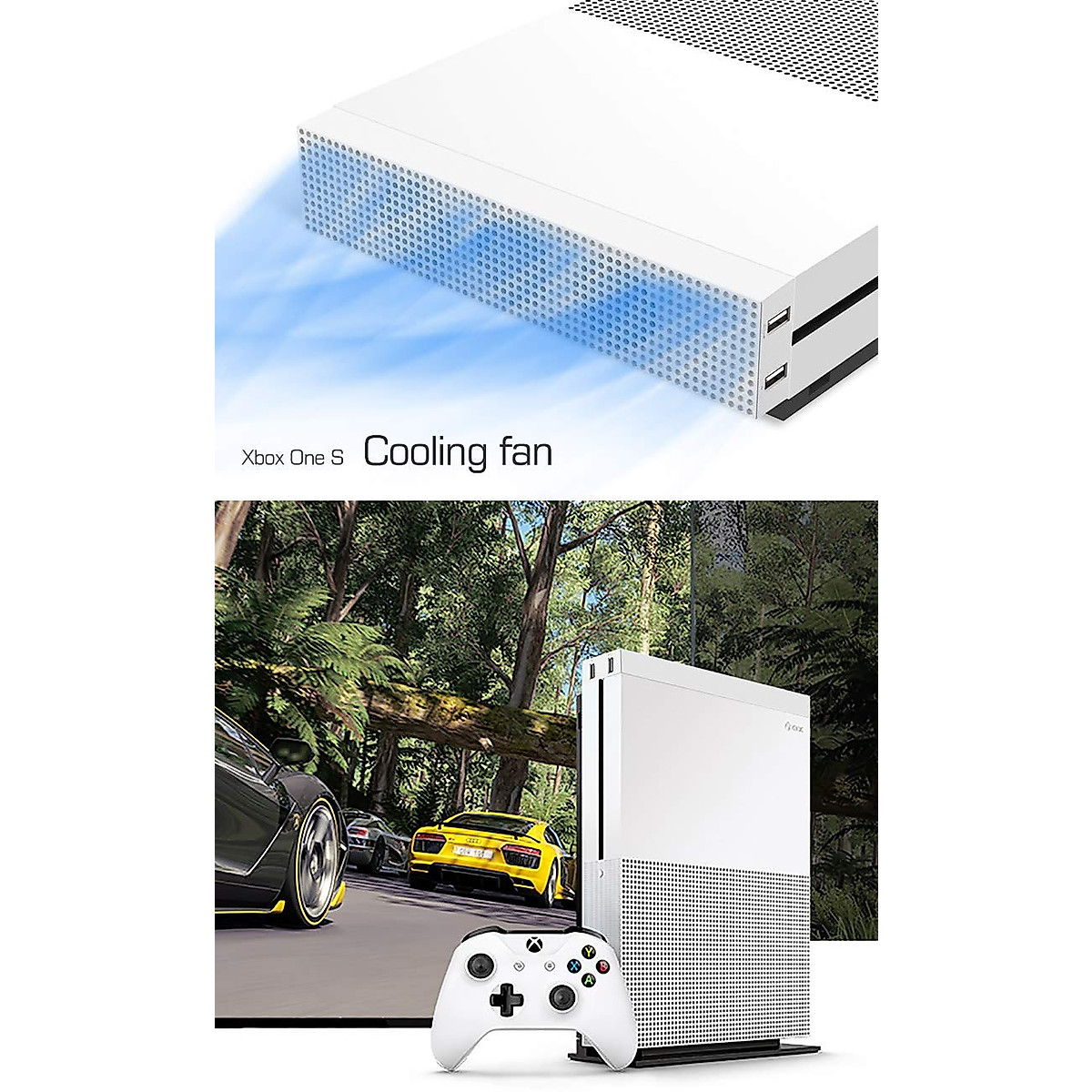 Xbox one S Cooling Fan System, Megadream Adjustable 3 High Speed Fans Cooling Dock & 2 USB Ports & Data Syncing for Microsoft Xbox One Slim Gaming Console – White