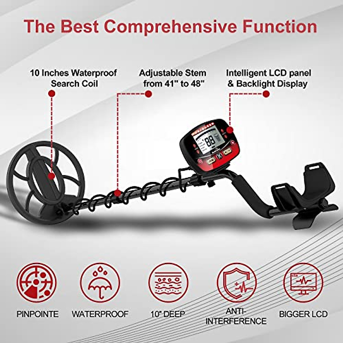 Metal Detector for Adults, Professional High Accuracy Waterproof Gold Detector with LCD Display, 10" Coil Adjustable Metal Detector for Treasure Hunting, 5 Modes, Advanced DSP Chip
