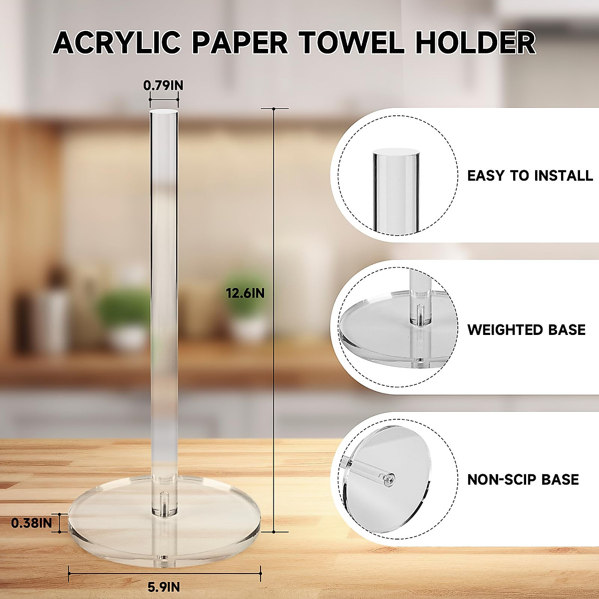 Worhe Clear Acrylic Paper Towel Holder Countertop 5.9" Diameter Thickening Sturdy Base, for Kitchen Bathroom Vanity Countertop , Paper Towel Dispenser for Tear Paper Towel Roll 1 Pack(YGC001)