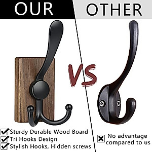 WYTAOHZL 3PCS Coat Hooks Wall Mounted Tri Hooks Wall Coat Rack Large Matte Metal Black Coat Hooks for Wall Heavy Duty Walnut Coat Rack Hooks with 3 Hooks for Coat Hat Towel Mudroom Bathroom Entryway