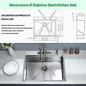 EcoChannels Kitchen Sink, 25 x 22 Inch Drop in Kitchen Sink Stainless Steel Topmount Kitchen Sink Workstation Sink Single Bowl