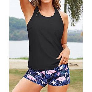 Yonique Tankini Swimsuits for Women 3 Piece Bathing Suits Swim Tank Top with Boy Shorts and Bra Modest Swimwear Black Flamingo L