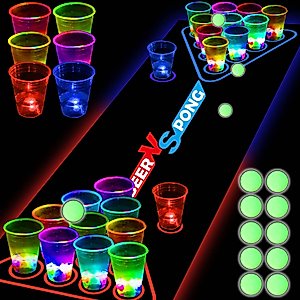 noveltymeme 45 PCS Glow in the Dark Beer Pong Table Mat, Drinking Game Pong Game with Party Cups, Glow Pongs for Indoor Outdoor Party Game Party Supplies Decoration Flashing&Red&Blue