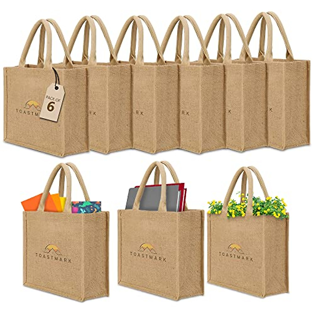 Burlap Bags with Handles - Reusable with Classic style -Waterproof Inner Lining –Pack of 6– 12”x10”x4” - Perfect Jute Bags for Grocery Shopping, Wedding, Beach Halloween Favors