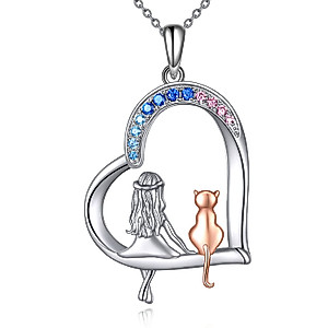 LUHE Cat Necklace Gifts 925 Sterling Silver Cat Heart Pendant Necklace Jewelry for Women