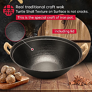 WANGYUANJI Handmade Cast Iron Wok 14.2" Large Woks Stir-Fry Pans with Dual Handle,Fry Pan Suitable for Induction, Electric, Gas, Halogen All Stoves-Black,Uncoated Craft Wok Healthy Cooking Wok