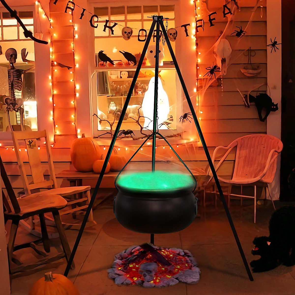 Halloween Decorations Outdoor - Halloween Party Decorations - Large Witches Cauldron on Tripod with Lights - Black Plastic Bowl Decor - Hocus Pocus Candy Bucket Decoration for Home Porch Outside