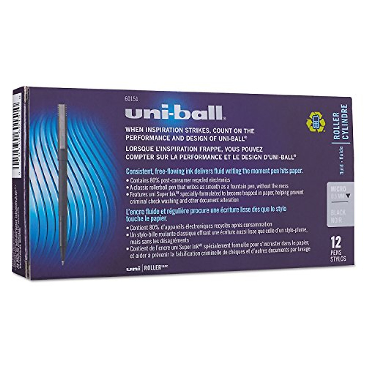 Sanford Uniball Roller Stick Pen, 0.5Mm Micro Point, Black Ink, Dozen (60151)