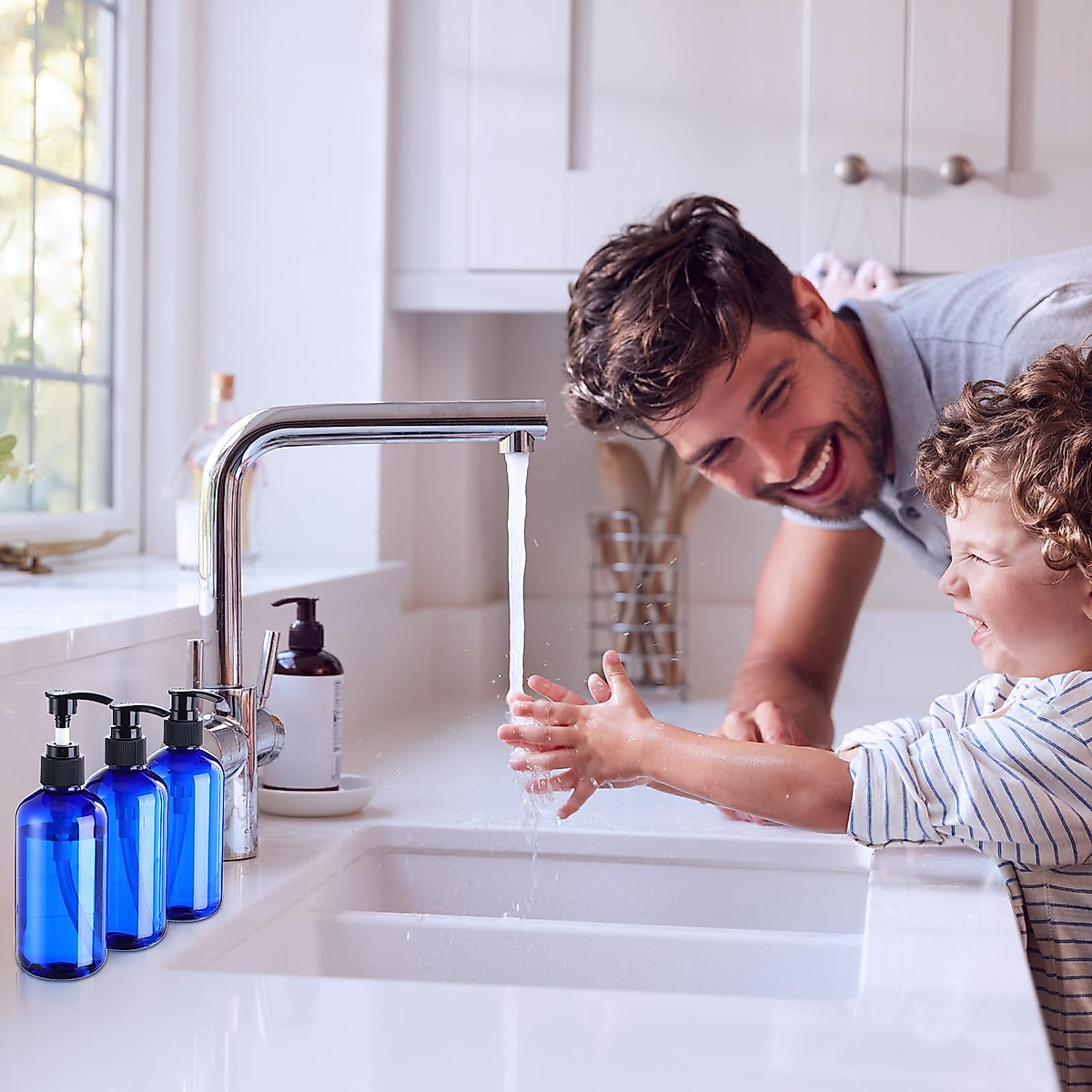 48 Pcs Pump Bottle Lotion Dispenser Refillable Shampoo Conditioner Hand Soap Dispenser Plastic Empty 8oz/250ml Clear Reusable Body Wash Container Bulk (Blue, Black)