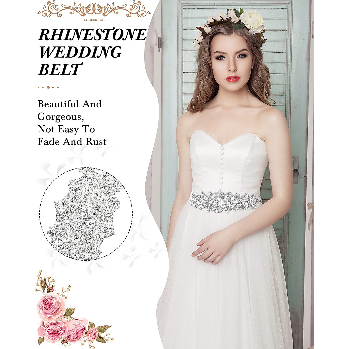 Jecery 3 Pieces Rhinestone Bridal Wedding Sash Belts Handmade Crystal Bridesmaid Sash for Formal Evening Dress Belts (White)