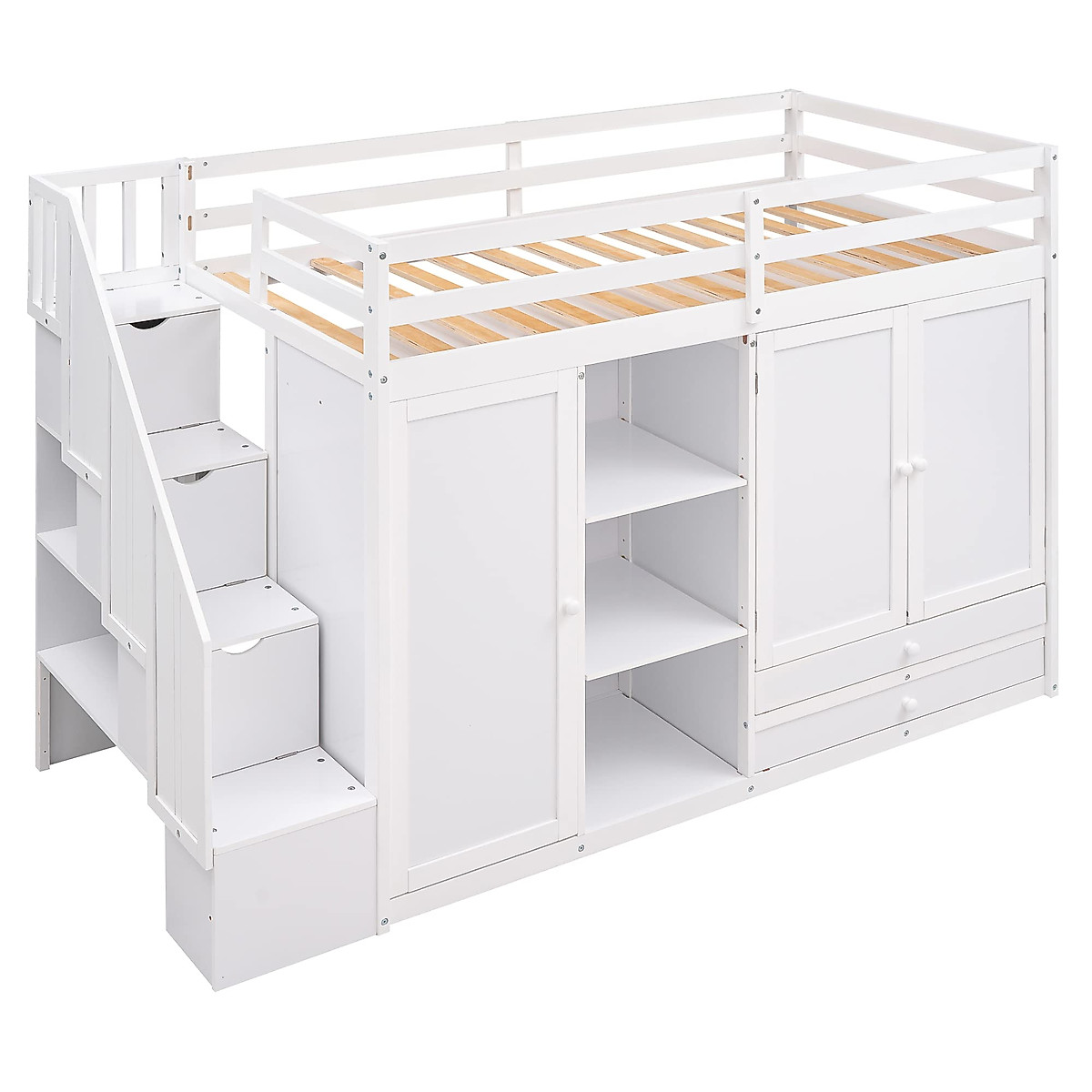 BIADNBZ Functional Twin Size Loft Bed with 3 Shelves, 2 Wardrobes and 2 Drawers,Wooden Bedframe with Storage Stairs for Teens/Bedroom,White