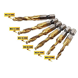 AUTOTOOLHOME 6 Pack Titanium Combination Drill Tap Bit Set Screw Tapping SAE 6-32NC 8-32NC 10-24NC 10-32NC 12-24NC 1/4-20NC