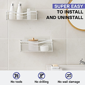 KINCMAX Mesh Shower Caddy (2-Pack), Rustproof Stainless Steel, Adhesive Wall Mount Baskets with Hooks, Mesh Design (Matta White)