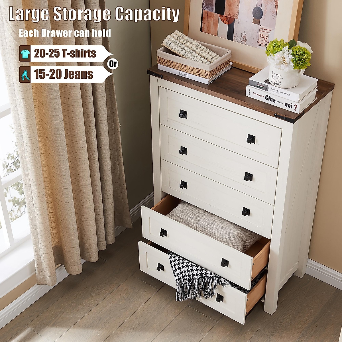 T4TREAM Farmhouse 5 Drawers Dresser Chests for Bedroom, Wood Rustic Tall Chest of Drawers, Dressers Organizer for Bedroom, Living Room, Hallway, Antique White