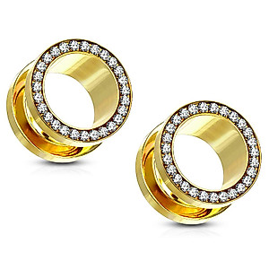 Stainless Steel CZ Crystal Lined Rim Screw Fit Tunnel Plug Gauges, Sold As Pair (Gold Tone, 19mm (3/4"))