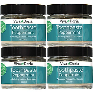 Pack of 4 Viva Doria Fluoride Free Natural Toothpaste - Peppermint (3 oz Glass jar) Refreshes Mouth, Freshens Breath, Keeps Teeth and Gum Healthy