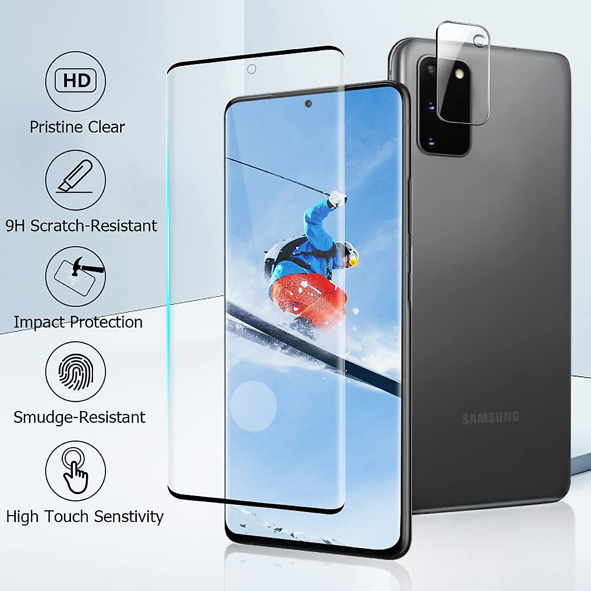 OuYteu [2+2 Pack] Galaxy S20 Glass Screen Protector and Camera Protector, HD Clear 9H Tempered Glass, Compatible Fingerprint, 3D Curved,Bubble-Free for Samsung Galaxy S20 Glass