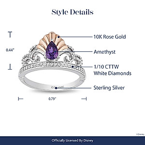 Jewelili Enchanted Disney Fine Jewelry Sterling Silver and 10K Rose Gold with 1/10cttw Diamonds and Amethyst Ariel Shell Tiara Ring, Size 9