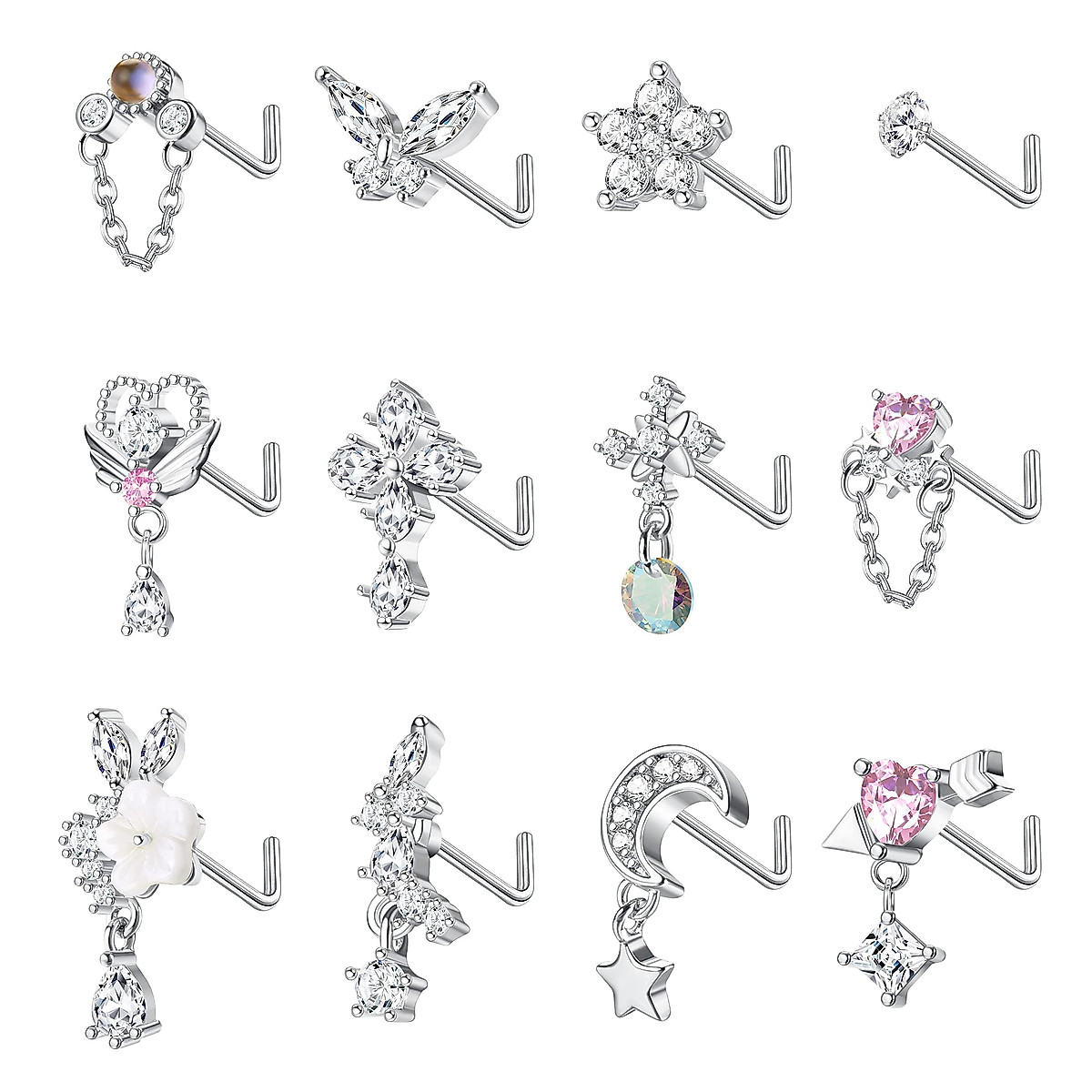 THUNARAZ 12Pcs 20G Dangle Nose Rings Studs L Shaped for Women Stainless Steel Nose Studs Cross CZ Butterfly Heart Flower Dangling Nose Piercing Jewelry
