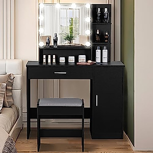 usikey Makeup Vanity Desk, Vanity Mirror with Lights and Table Set with Drawer, Cabinet & 3 Shelves, Makeup Vanity Set with 3 Lighting Modes Brightness Adjustable for Bedroom, Black