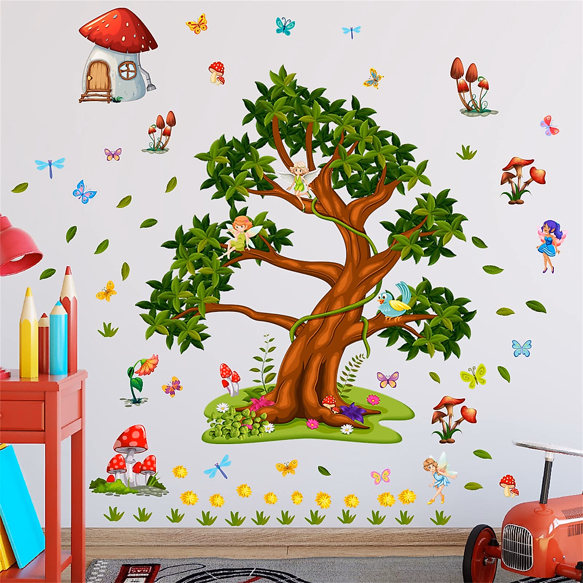 Green Tree Wall Decals Jungle Animals Big Tree Fairy Wall Stickers 3D Realistic Cartoon Mushroom Room Sticker Peel and Stick Art Can Unleash Your Child's Imagination Suitable for Children's Room