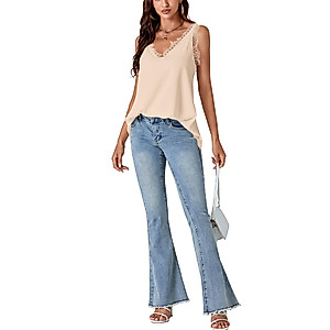 LYANER Women's Summer Sexy V Neck Lace Trim Basic Sleeveless Tank Top Blouse Shirt Beige Medium