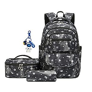 Star-Print School Backpack Set with Lunch Kits Bookbag for Teenager Girls 3pcs Gradient SchoolBag for Primary Student