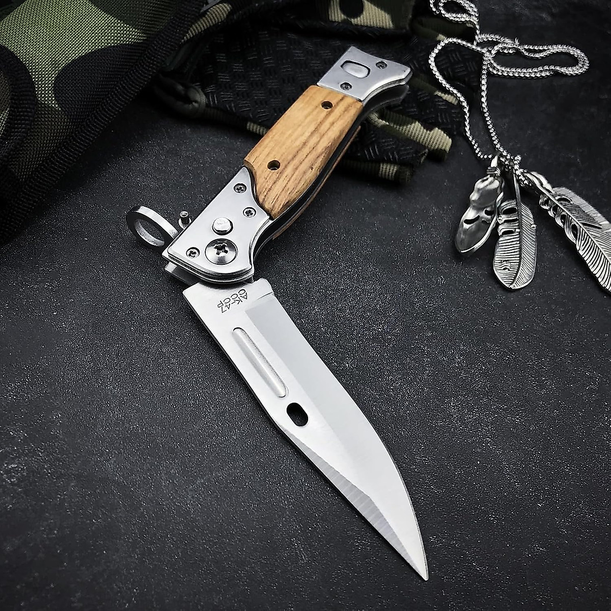 geegift 9" AK47 Slide Pocket Folding Knife, EDC Knife,Stainless Steel Blade Wooden Handle for Outdoor Camping Hunting Hiking (wooden handle, with ring)