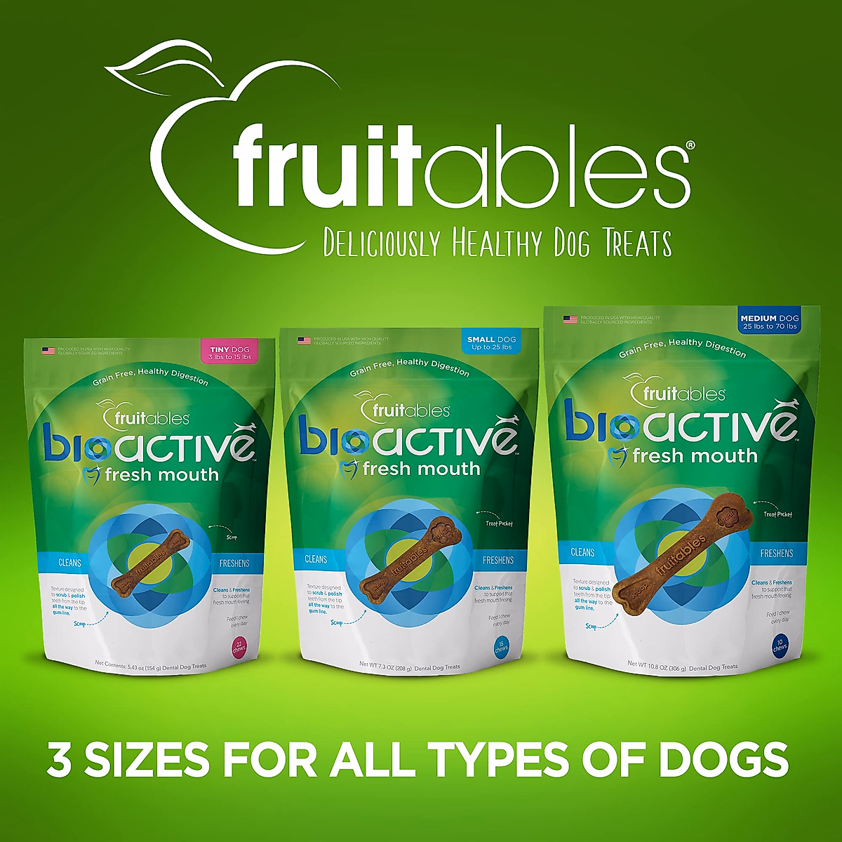 Fruitables Bioactive Dental Chews | Gluten and Grain-free Dental Treat | Superfood Formulated | Medium Dogs | 10 count