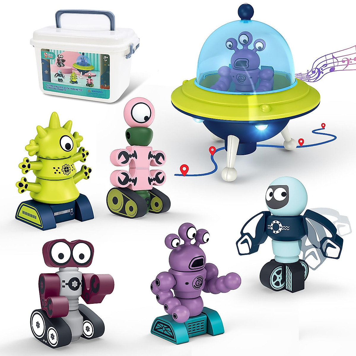 HOLYFUN Kid Magnetic Walking Musical Space Toy with 35PCS Stacking Blocks Building Robot, Storage Box, STEM Educational Electronic Flying Saucer and Magnetic Robot Gift for Children Toddler Boy Girl