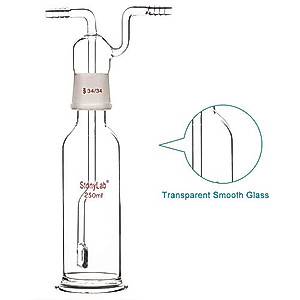 stonylab Gas Washing Bottle, Borosilicate Glass 34/34 Stopper Gas Bubbler Gas Washing Bottle with Fritted Disc and 8 mm OD Inlet/Outlet Hoses, 250 ml